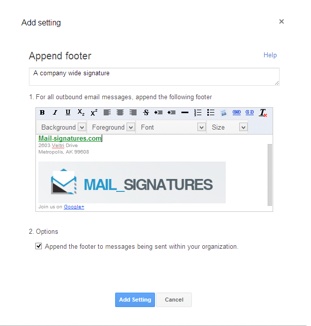 Company-wide automatic email signatures in Google Apps