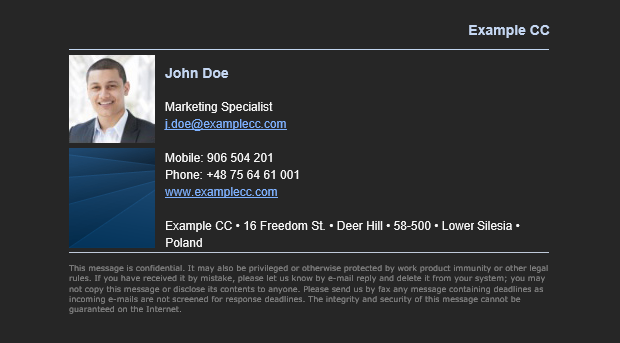 Corporate navy blue with photo placeholder left - Email signature template