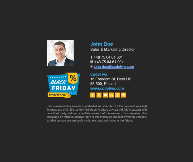 Free Black Friday email signature template: Blue & Yellow