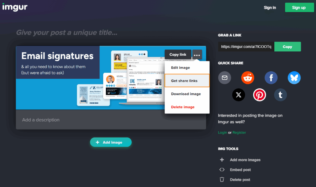 How to get a direct link to image and insert it into an email signature